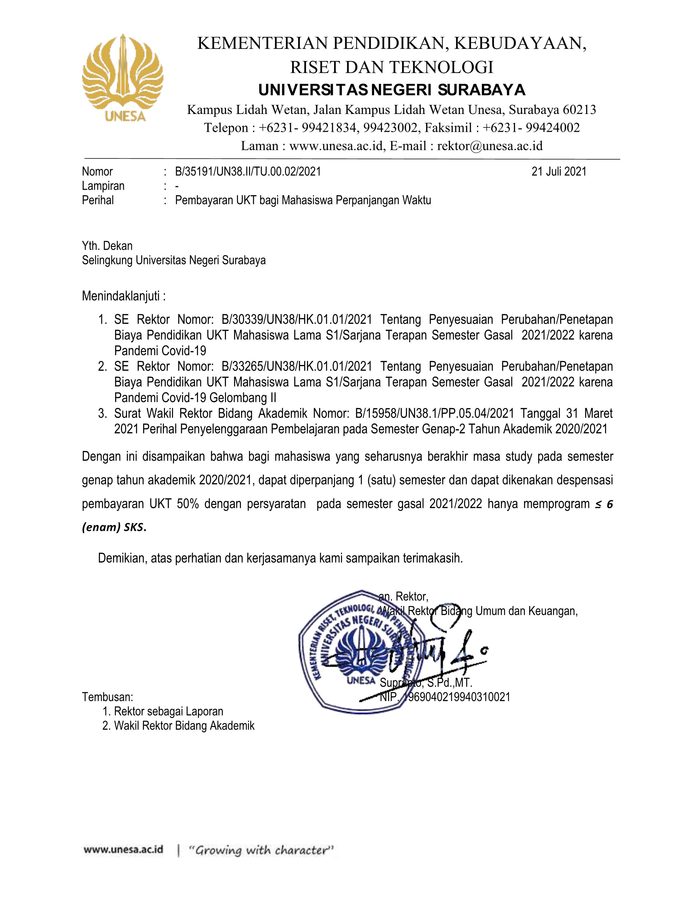 Surat Penetapan Pembayaran UKT bagi Mahasiswa Perpanjangan Waktu