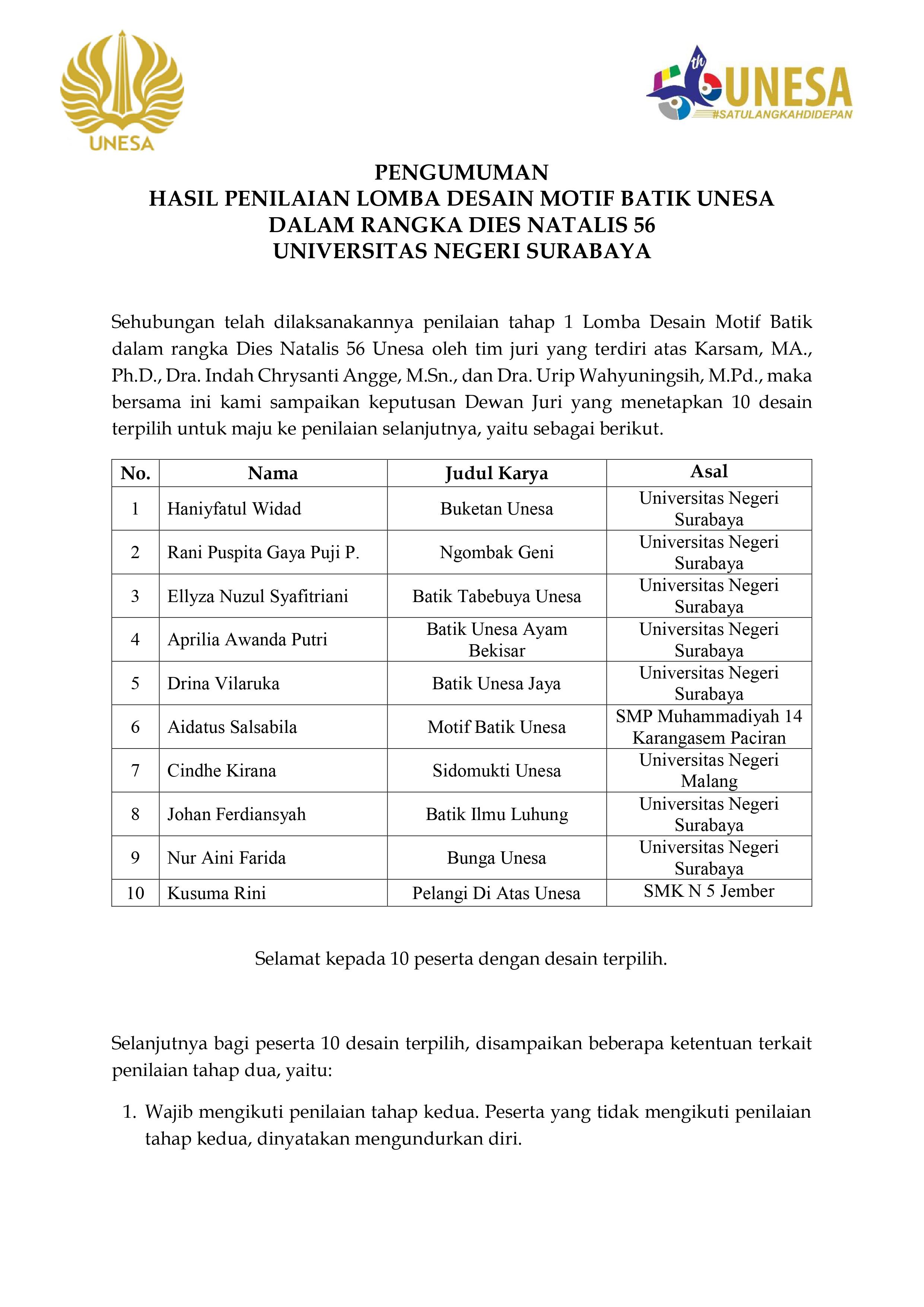 PENGUMUMAN HASIL PENILAIAN LOMBA DESAIN MOTIF BATIK UNESA DALAM RANGKA ...
